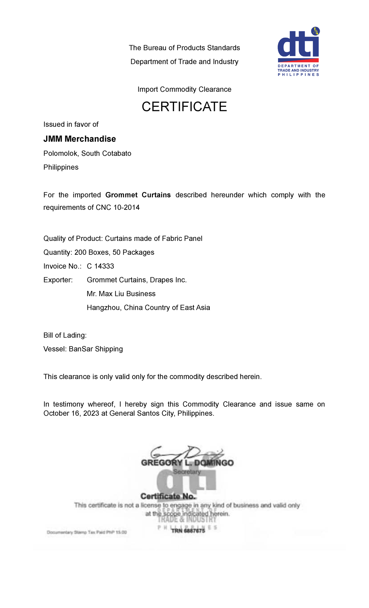 DTI- Clearance - for academic purposes only - The Bureau of Products ...