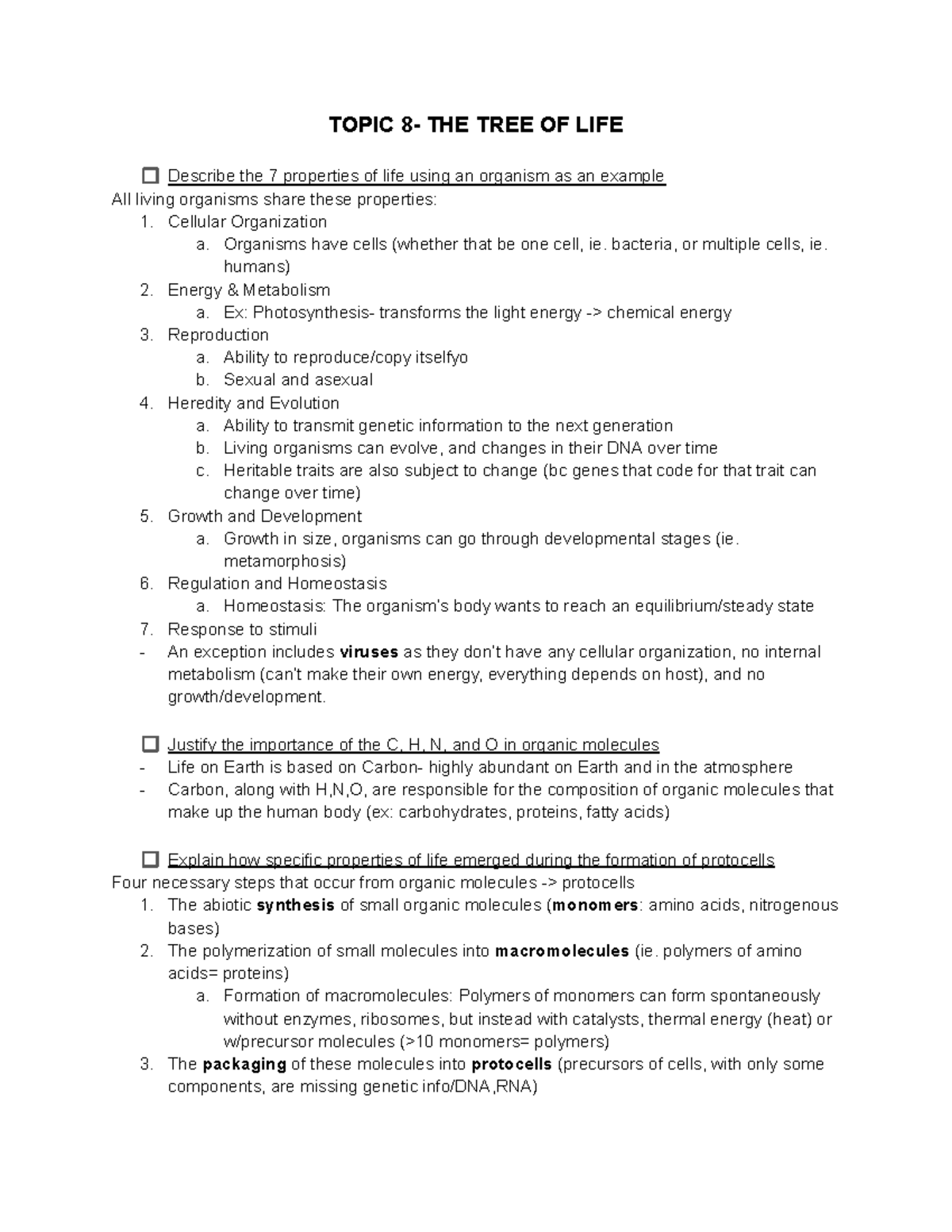 Midterm 2 Notes- BIO 1130 - TOPIC 8- THE TREE OF LIFE Describe the 7 ...