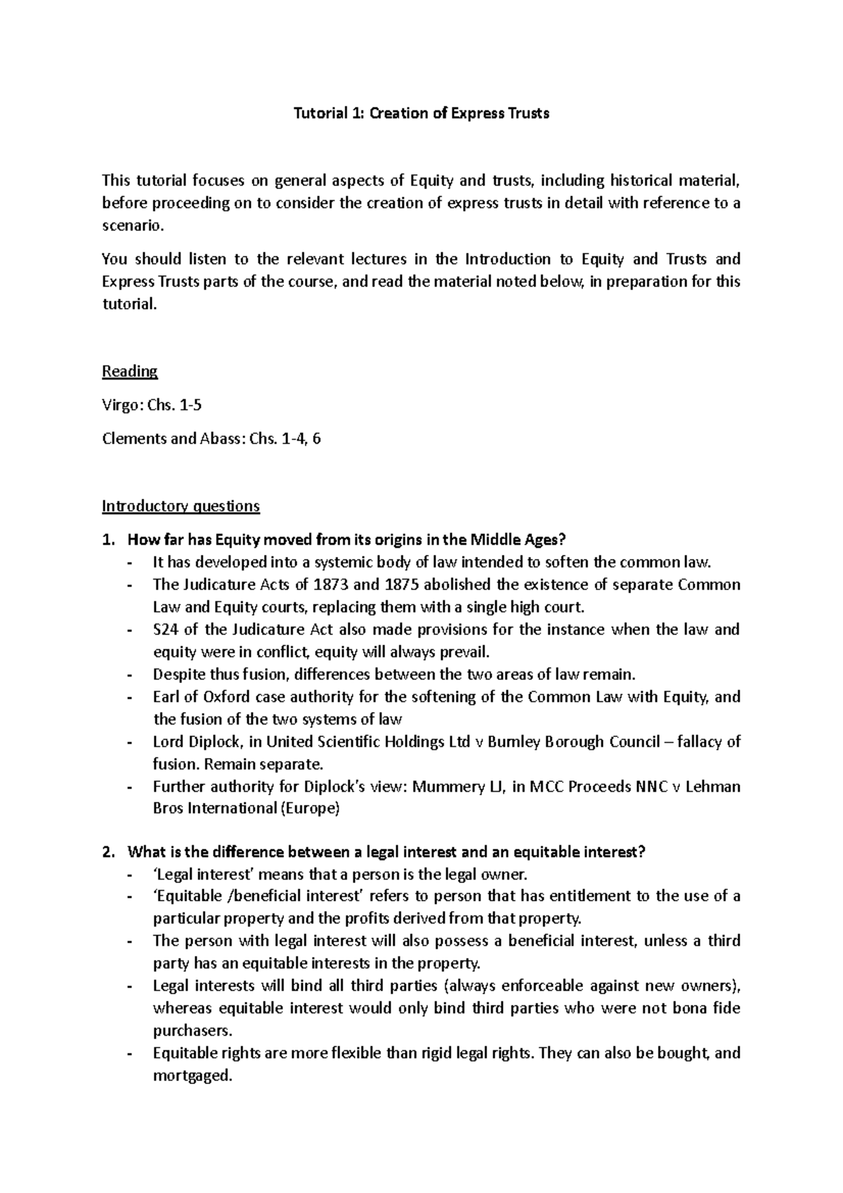 Equity and Trusts - Tutorial 1 - Tutorial 1: Creation of Express Trusts ...