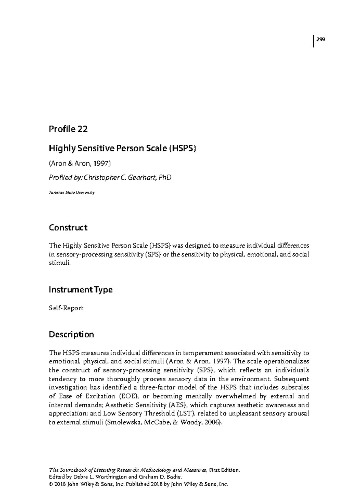 Highly Sensitive Person Scale (HSPS) - 299 The Sourcebook of Listening ...