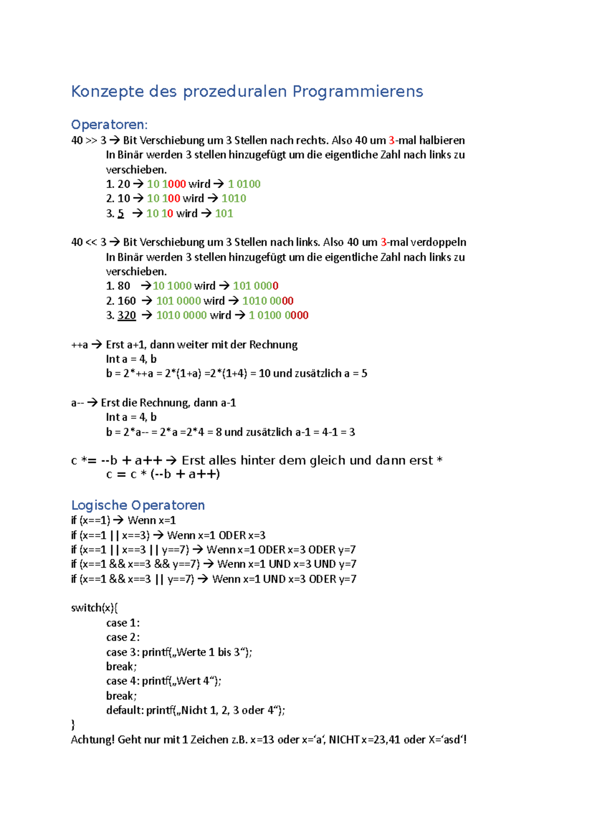 Zusammenfassung prozenduales Programmieren - Konzepte des prozeduralen ...