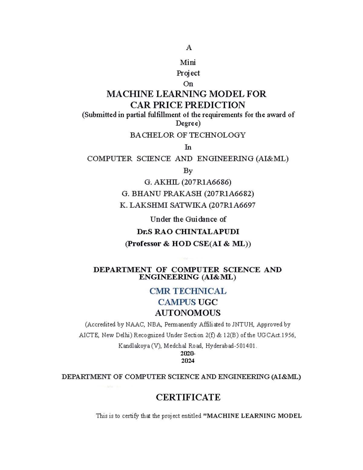 Mini Project Report CSM Template - A Mini Project On MACHINE LEARNING ...