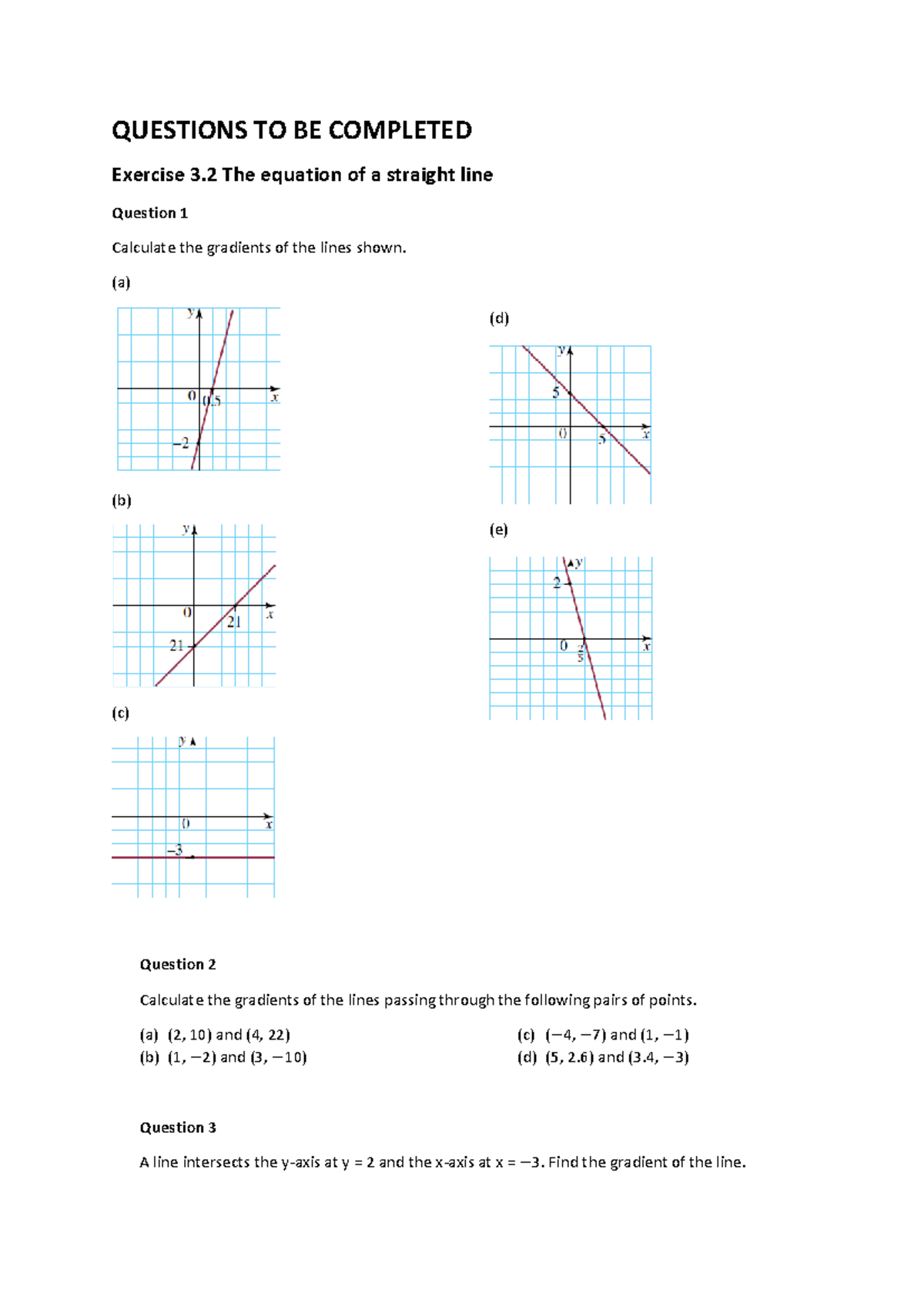 Topic 3 Graphs 3.2 The Equation of a straight line Questions ...