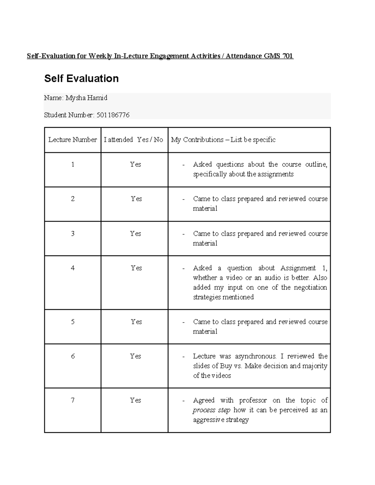 Self-Evaluation for Weekly In-Lecture Engagement Activities Attendance ...