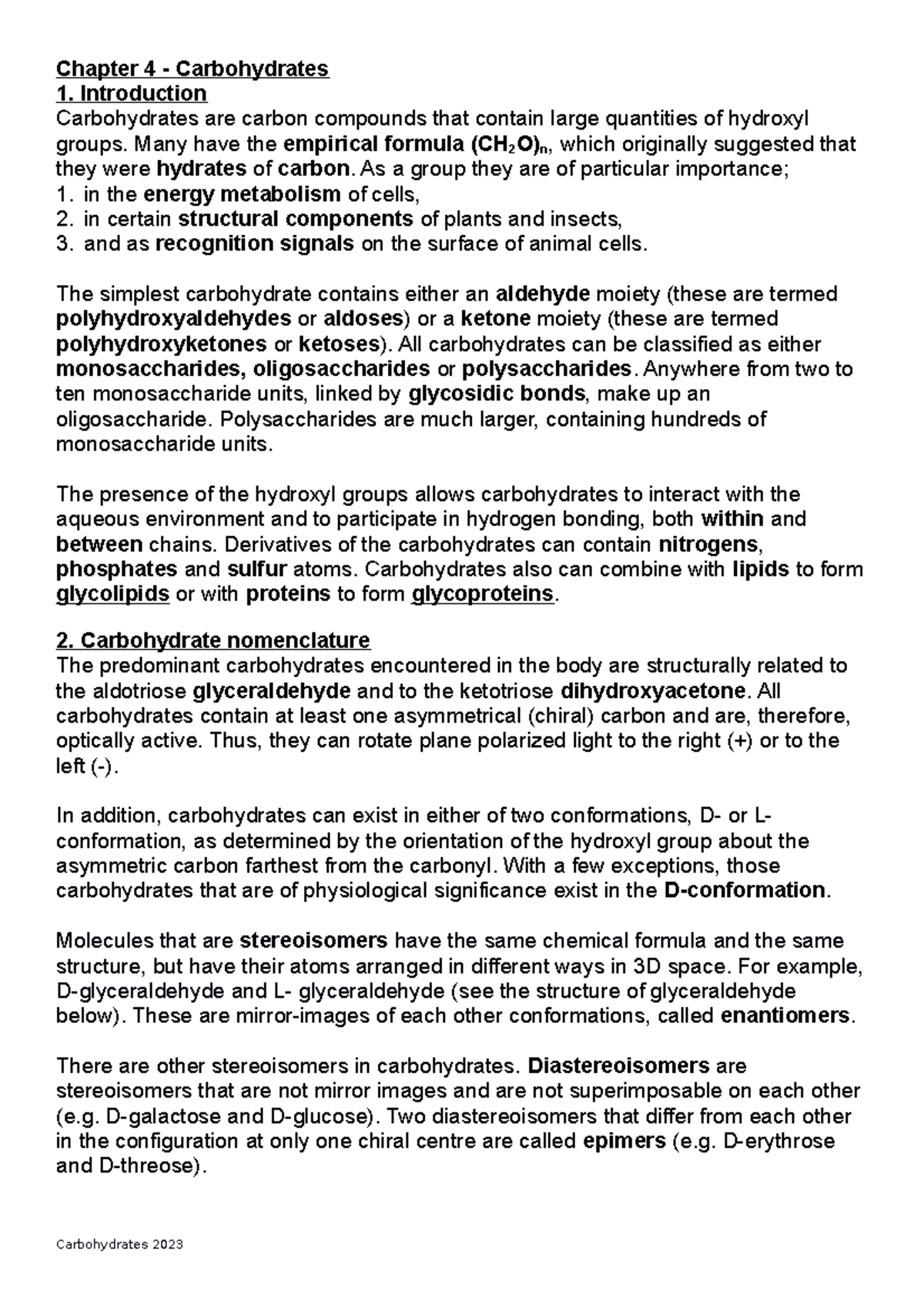 2023 BCH211 Chapter 4 - Carbohydrates notes - Chapter 4 - Carbohydrates ...