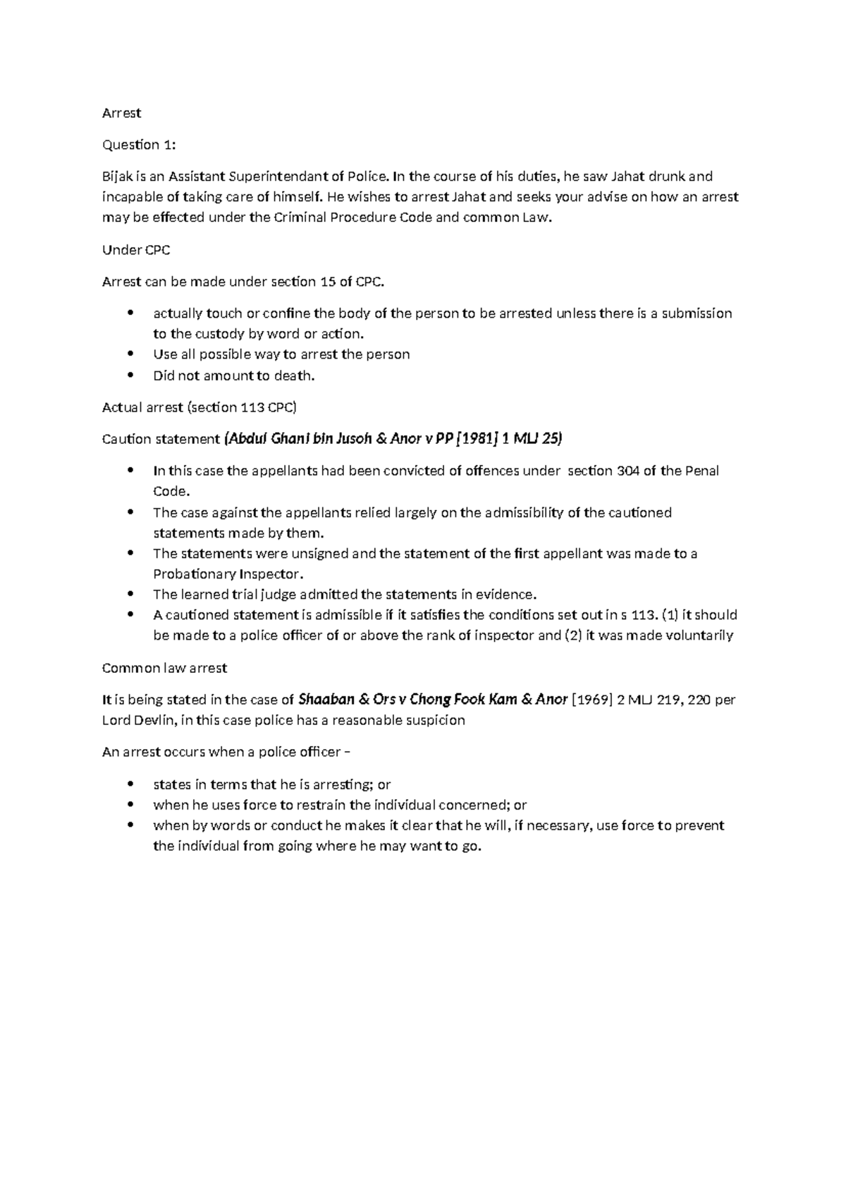 453060130- Tutorial-CPC - Arrest Question 1: Bijak is an Assistant Superintendant of Police. In ...