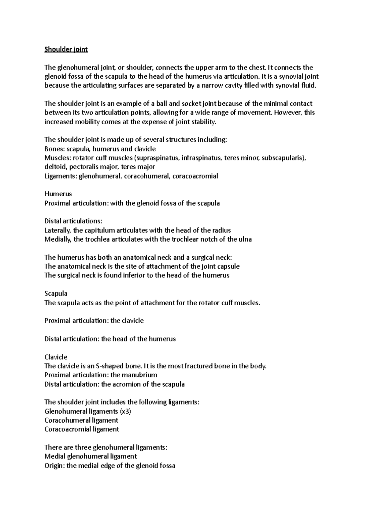 Shoulder joint - notes from anatomy - AOC102DI - Coventry - StuDocu