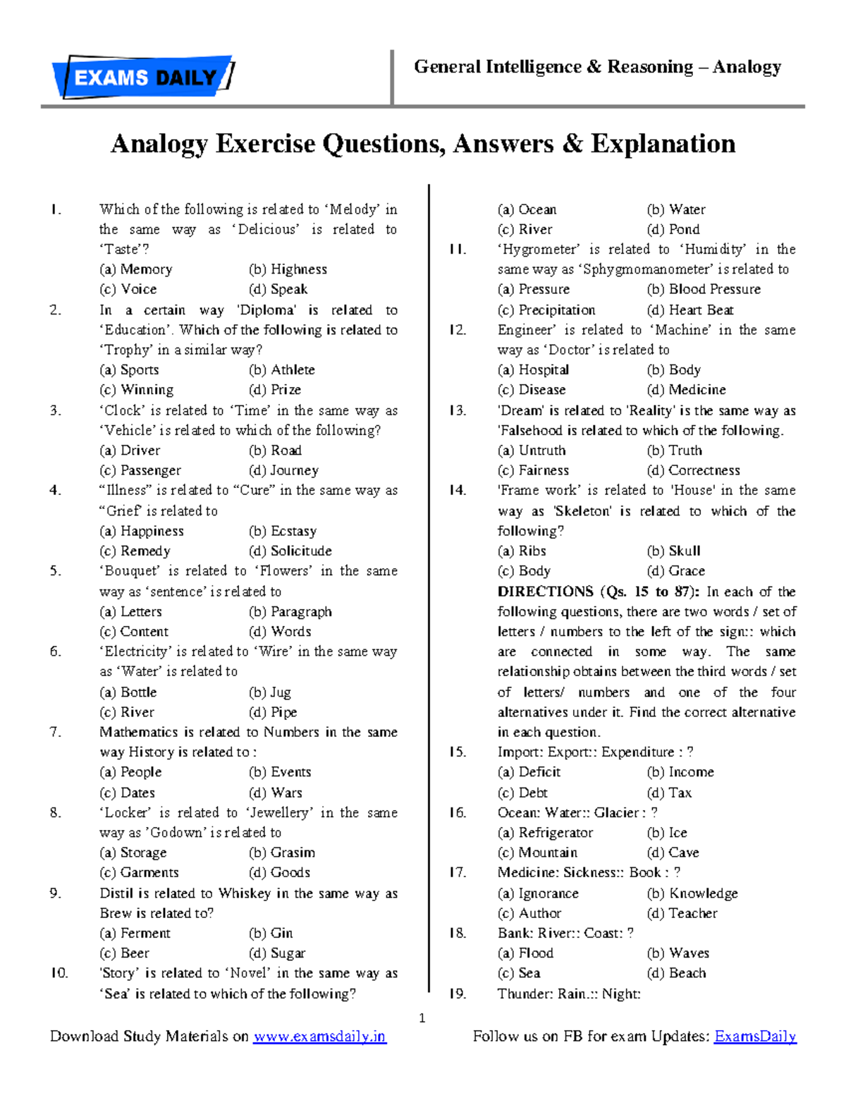 Reasoning Analogy questions answers and explanation - 1 Analogy Exercise Questions, Answers ...