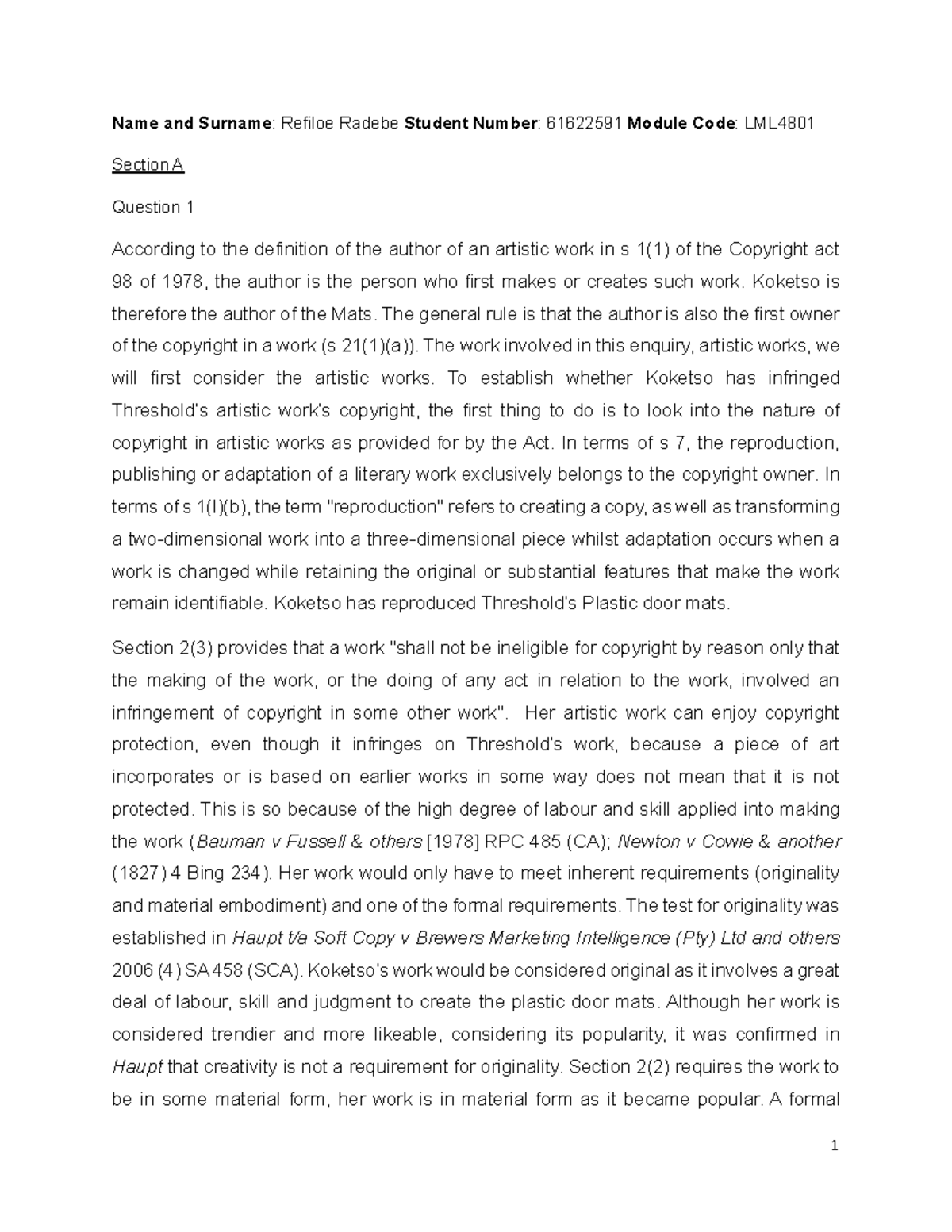 LML4801 exam - Copyright law - Name and Surname: Refiloe Radebe Student ...