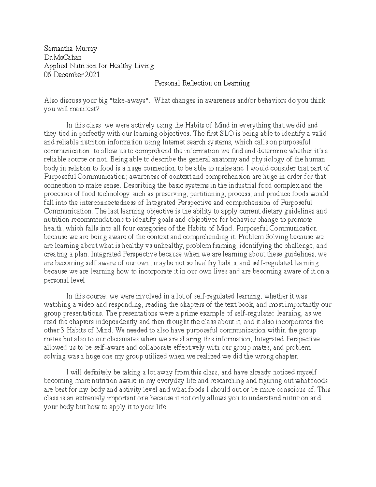 Personal Reflection on Learning - Samantha Murray Dr Applied Nutrition ...
