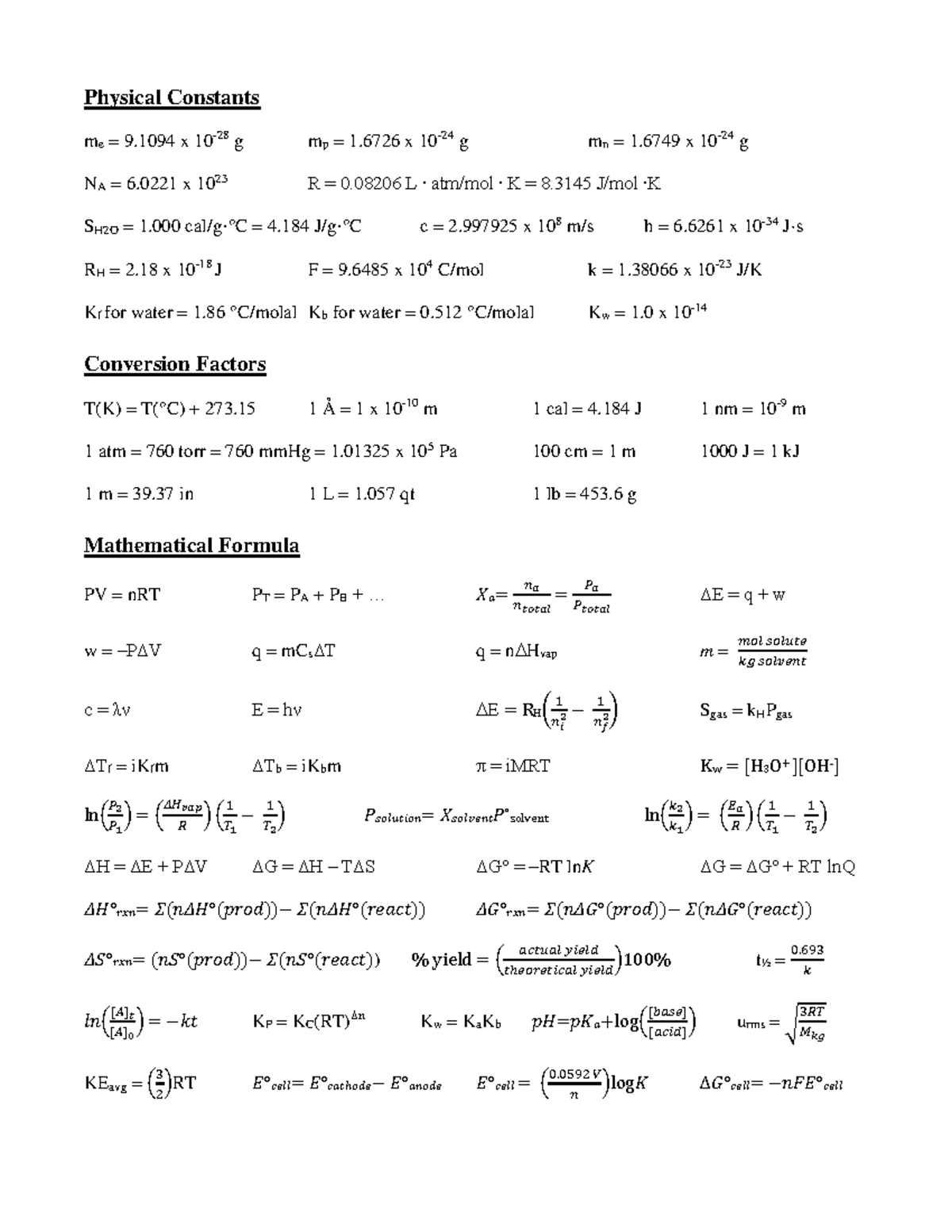 TU Equation Sheet and Periodic Table - Physical Constants me = 9 x 10 ...