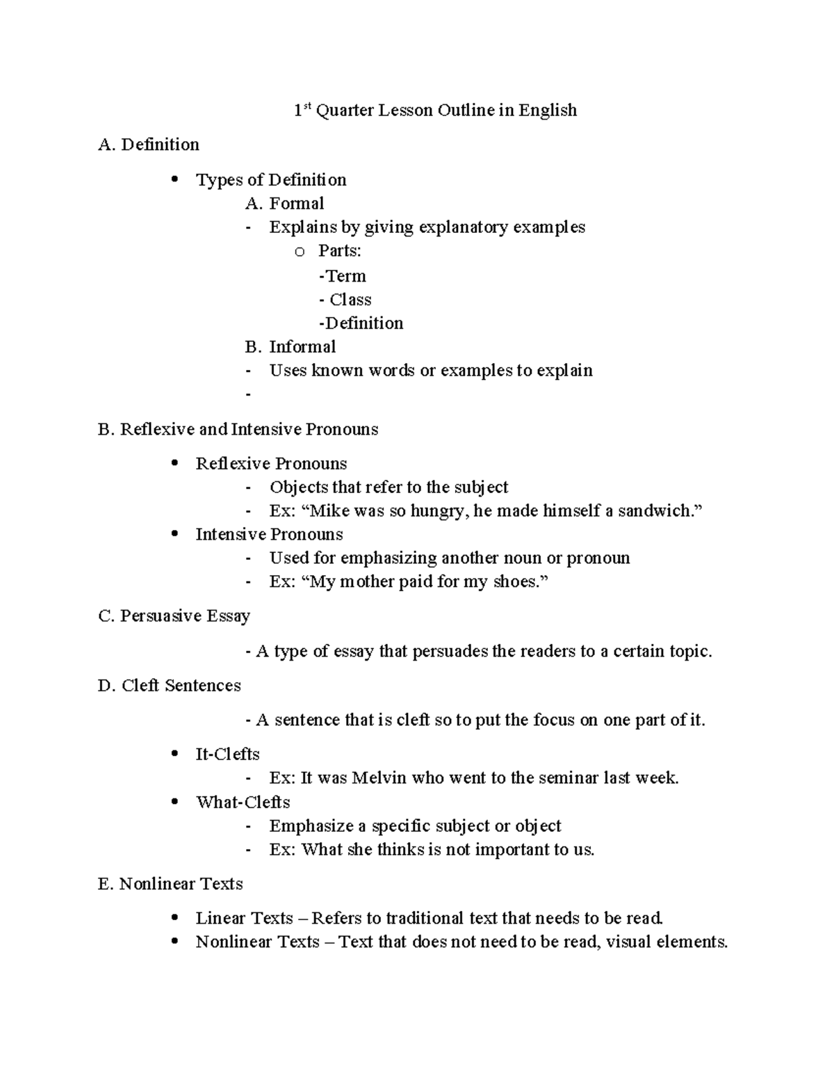 1st Quarter Lesson Outline in English - Definition Types of Definition ...