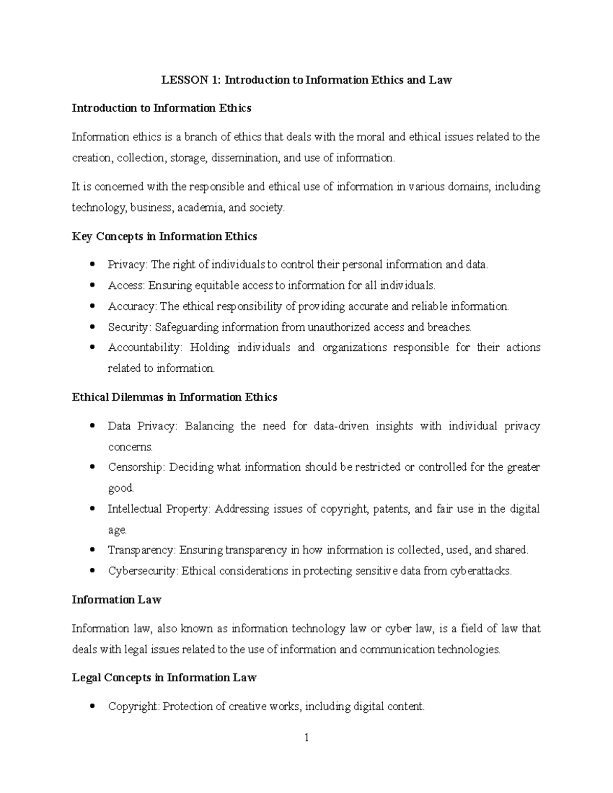 Lesson 1 Introduction to Ethics and Law - LESSON 1: Introduction to ...