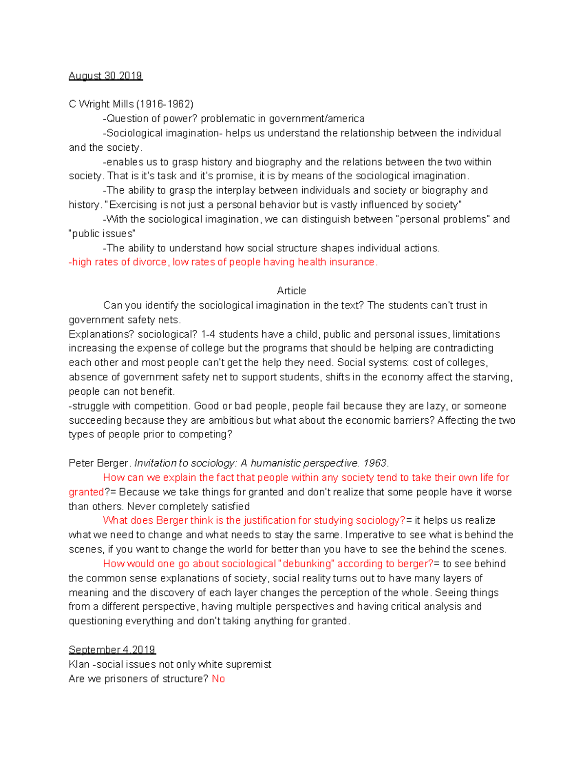 Sociology 001 Notes - August 30, C Wright Mills (1916-1962) -Question ...