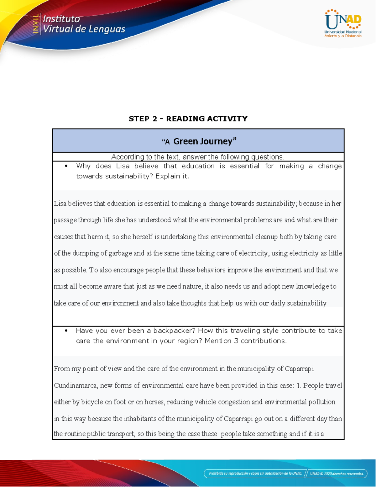 Respuestas A Las Preguntas - STEP 2 - READING ACTIVITY “A Green Journey ...