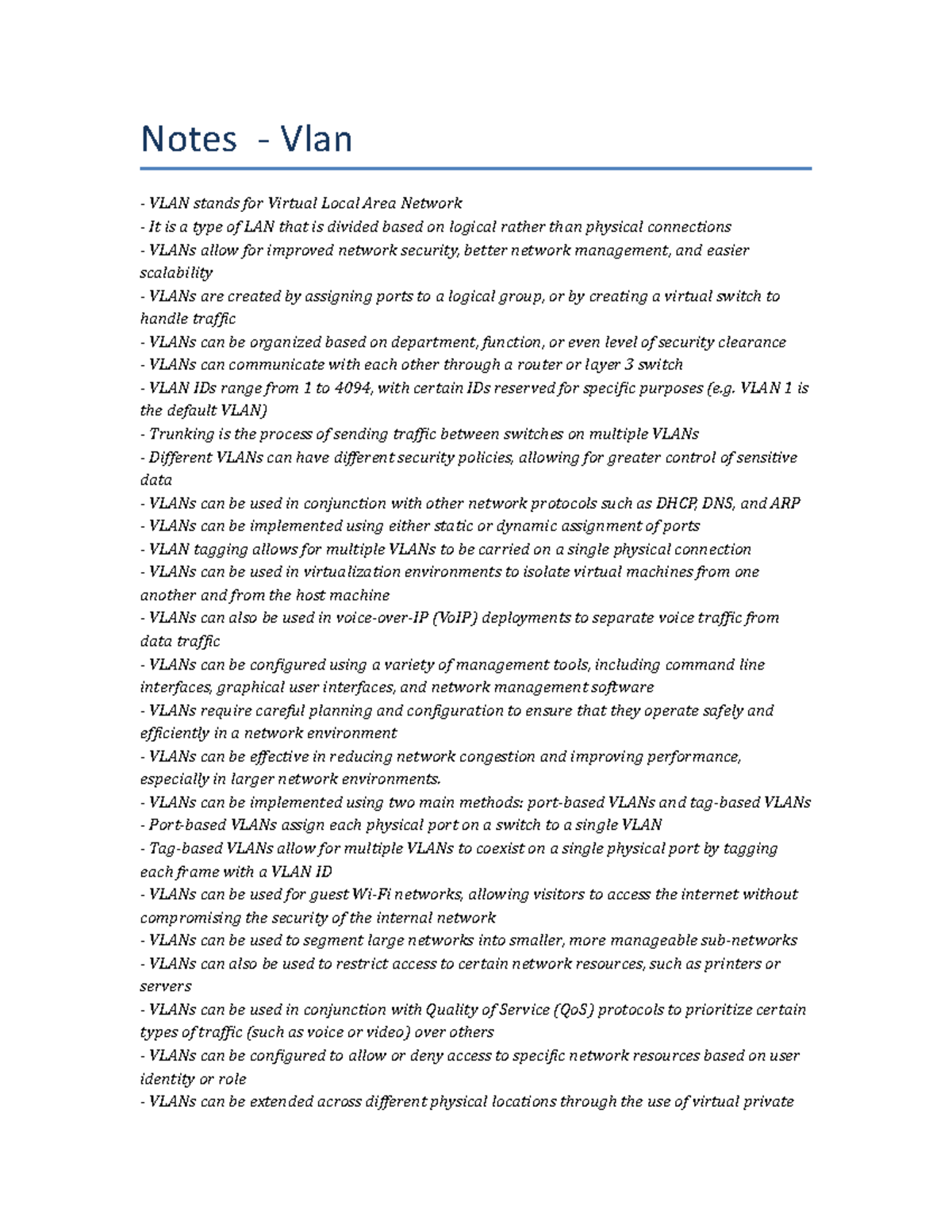 Lecture notes - Vlan - Notes - Vlan VLAN stands for Virtual Local Area ...