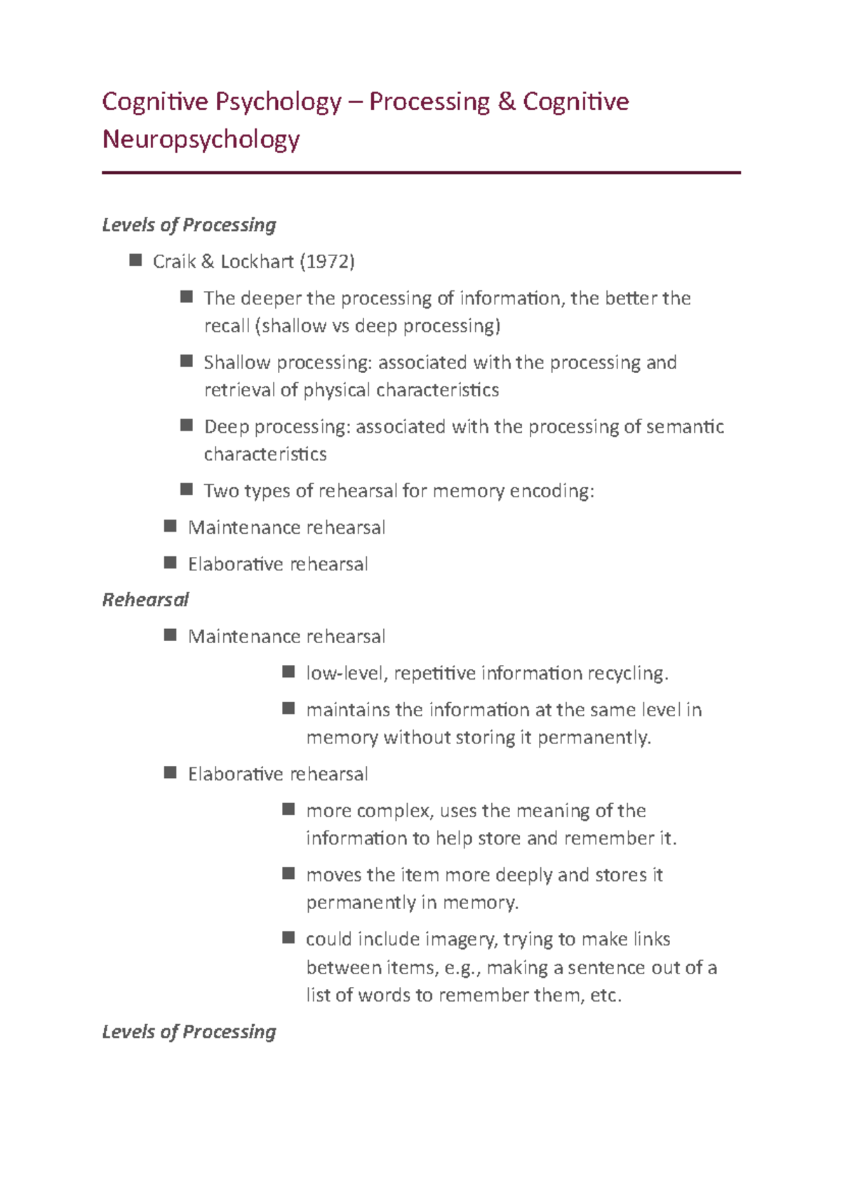 Cognitive Psychology - Processing & Cognitive Neuropsychology ...