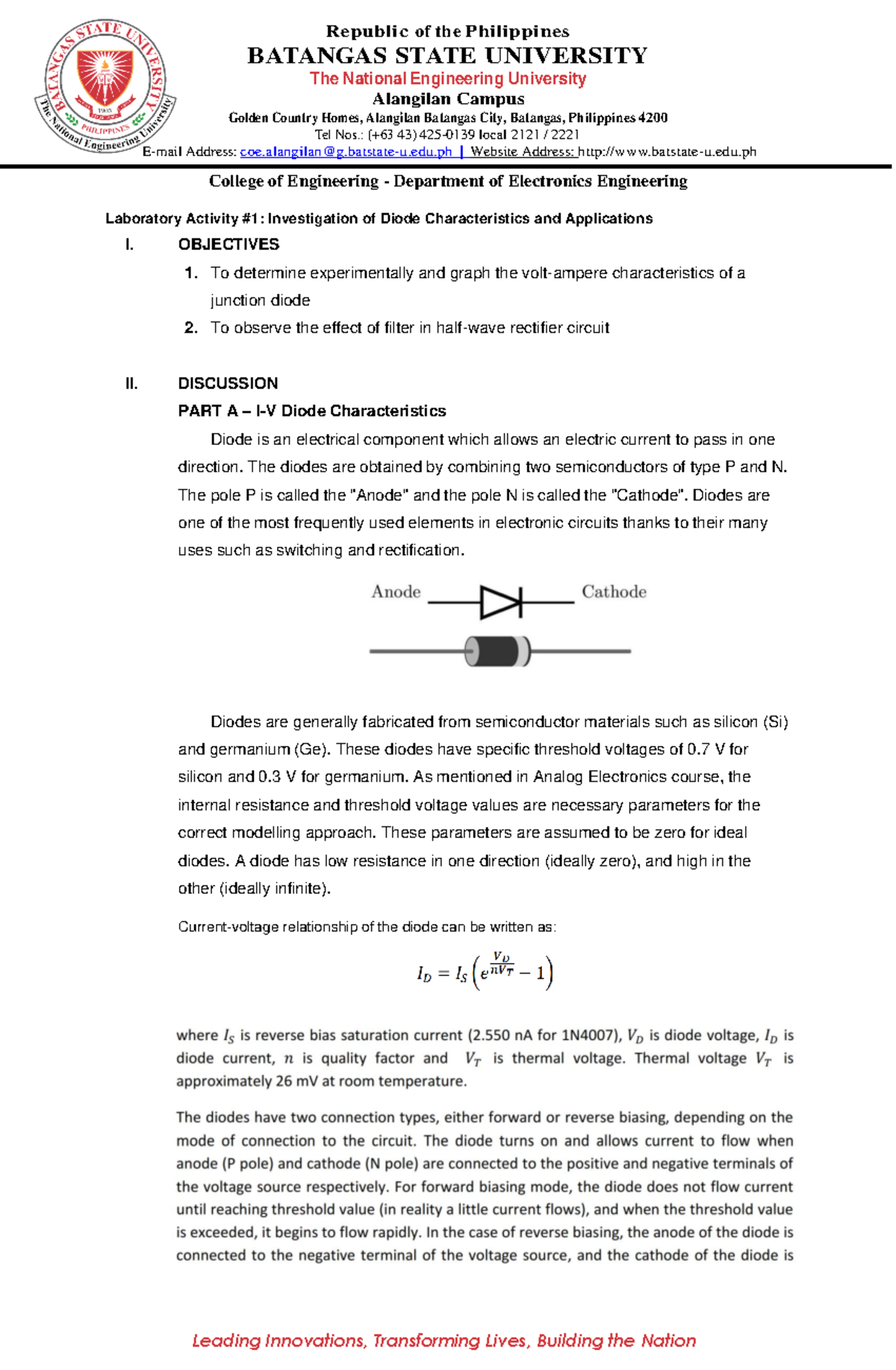Lab1 - Republic of the Philippines BATANGAS STATE UNIVERSITY The National Engineering University ...
