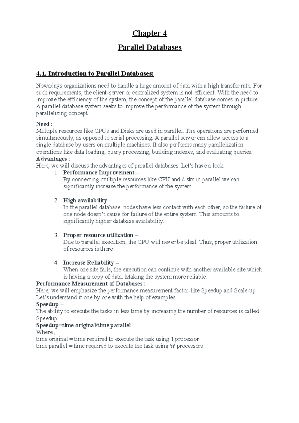 Chapter 4 Notes - dbms chgapter 4 - Chapter 4 Parallel Databases 4 ...