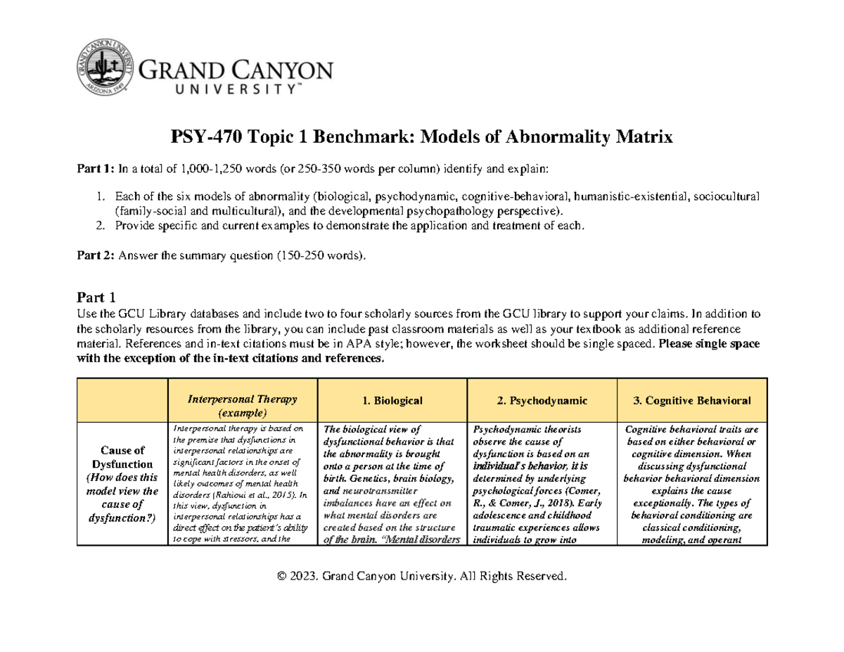 Topic 1 Benchmark: Models of Abnormality Matrix - Each of the six ...