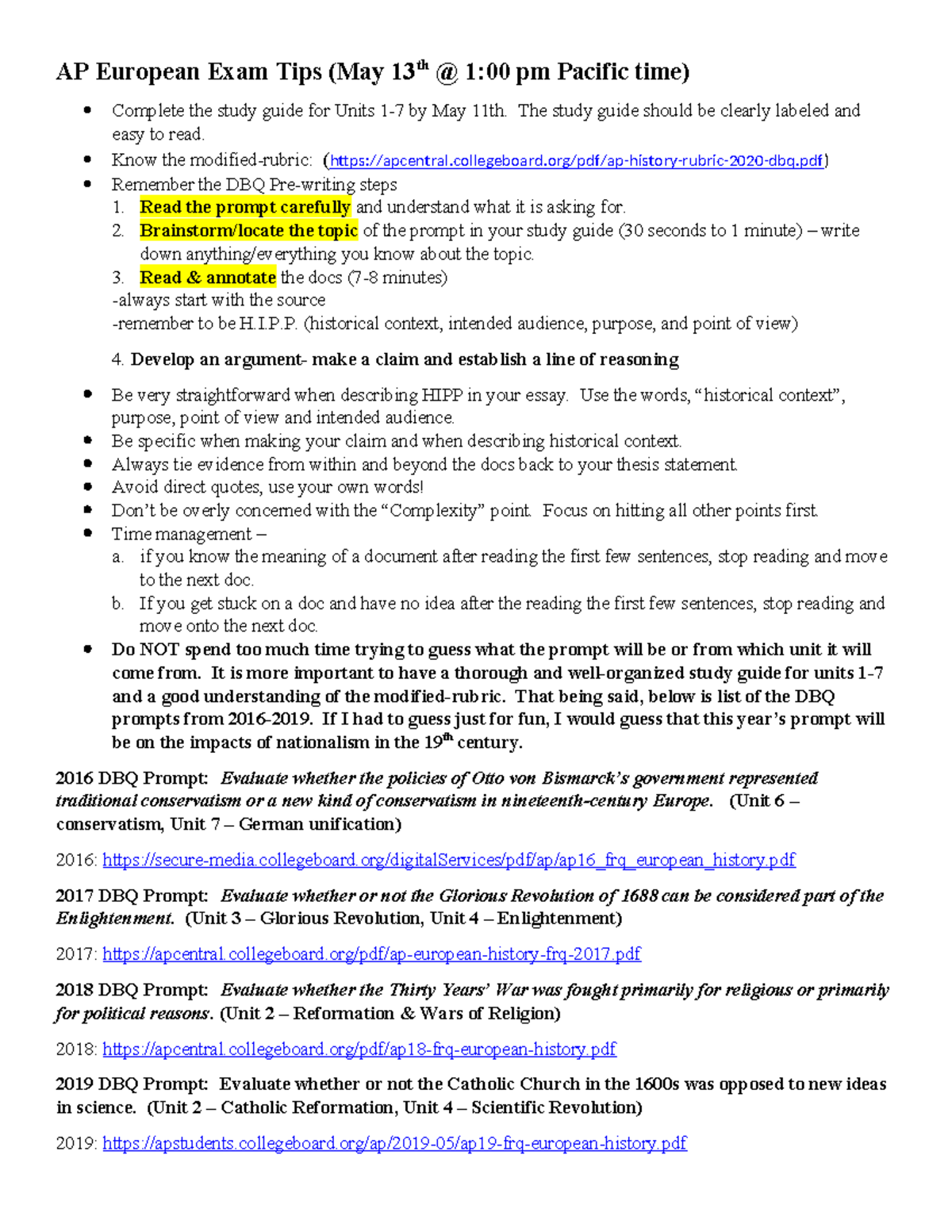 AP Exam Tips 2020 - N/A - AP European Exam Tips (May 13 th @ 1:00 pm ...