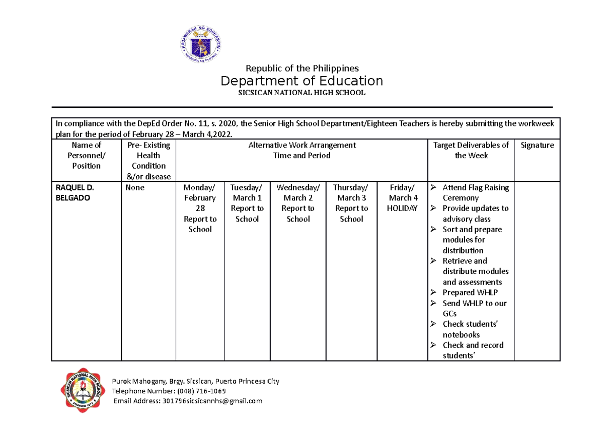 Raquel Work-Week-Plan - Republic of the Philippines Department of ...