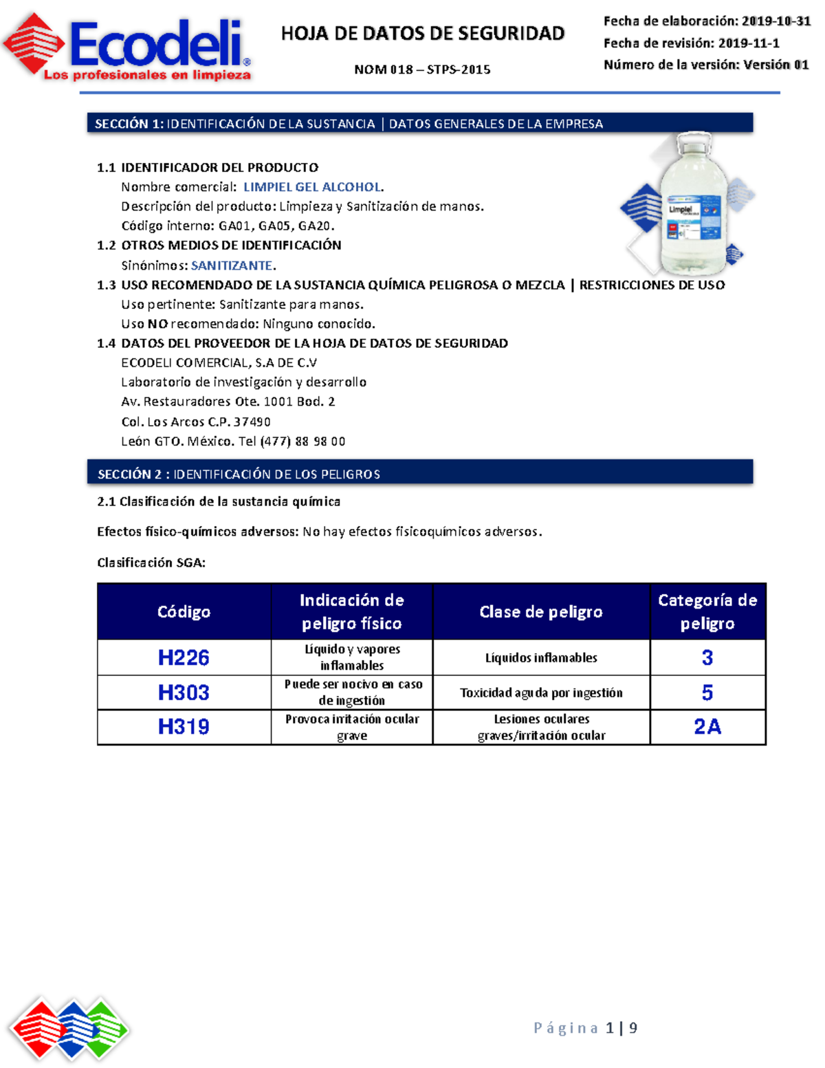 HDS GEL Ecodeli - INFORMACIÓN PARA CÁLCULO DE EMISIONES POR BALANCE DE ...