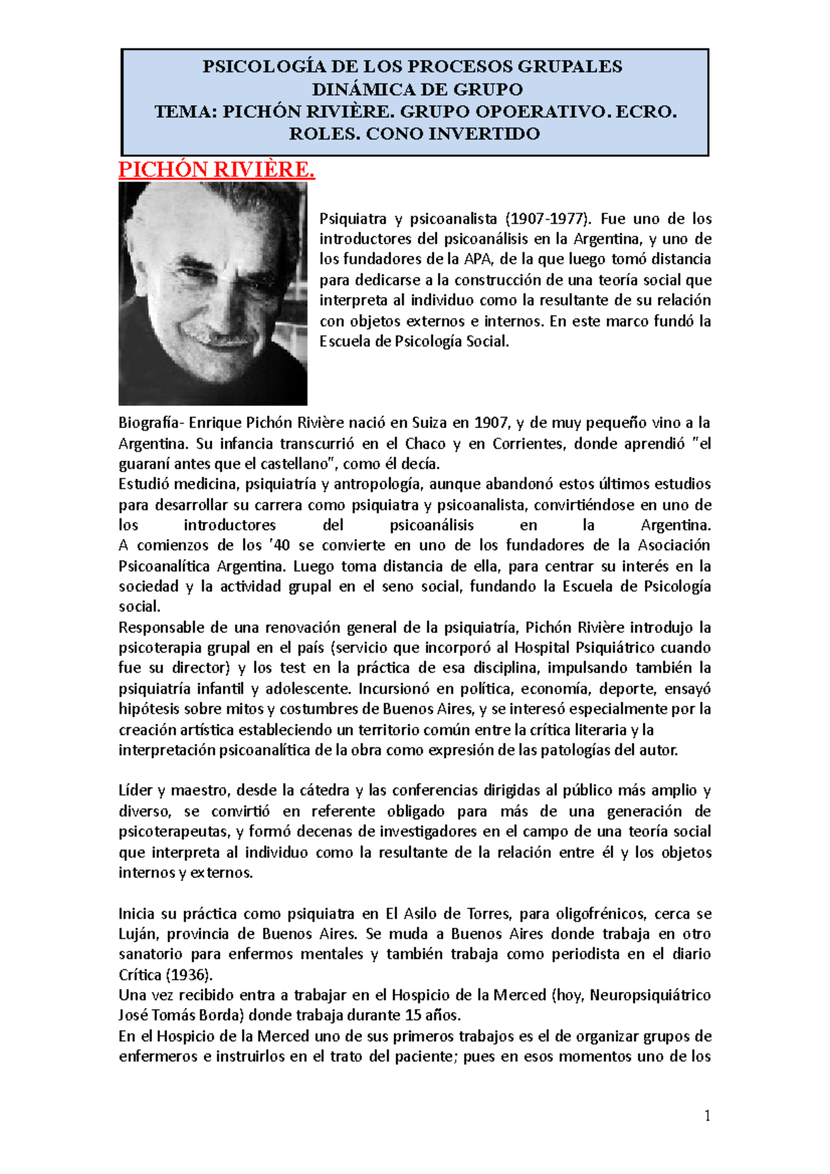 Pichón Rivière Teoría DE Grupos Operativos CONO Invertido ECRO Ficha ...