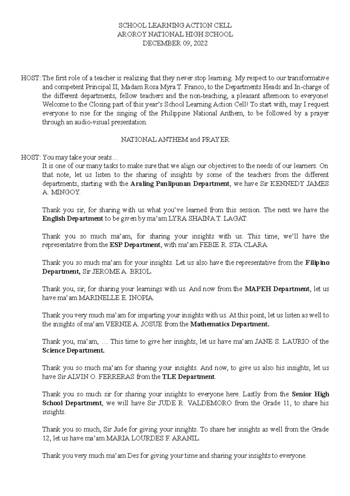 School Learning Action CELL script - SCHOOL LEARNING ACTION CELL AROROY ...