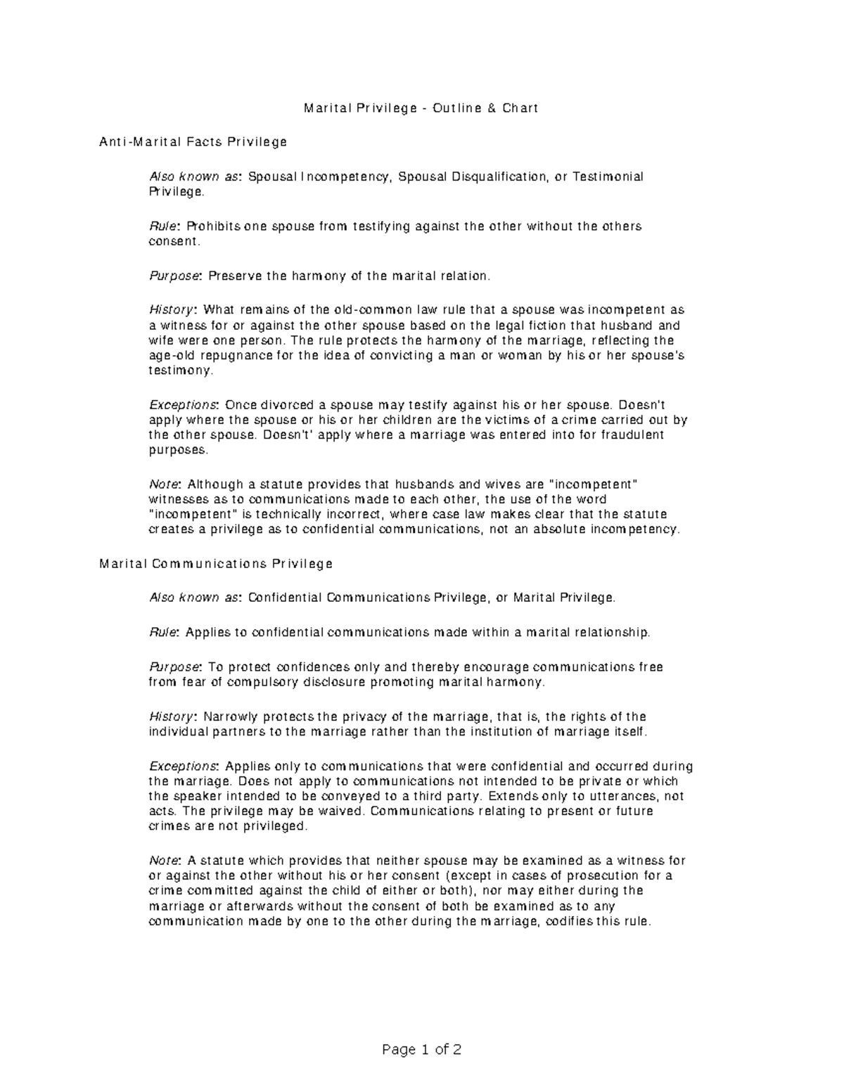 Marital-privledge-outline - Marital Privilege - Outline & Chart Anti ...