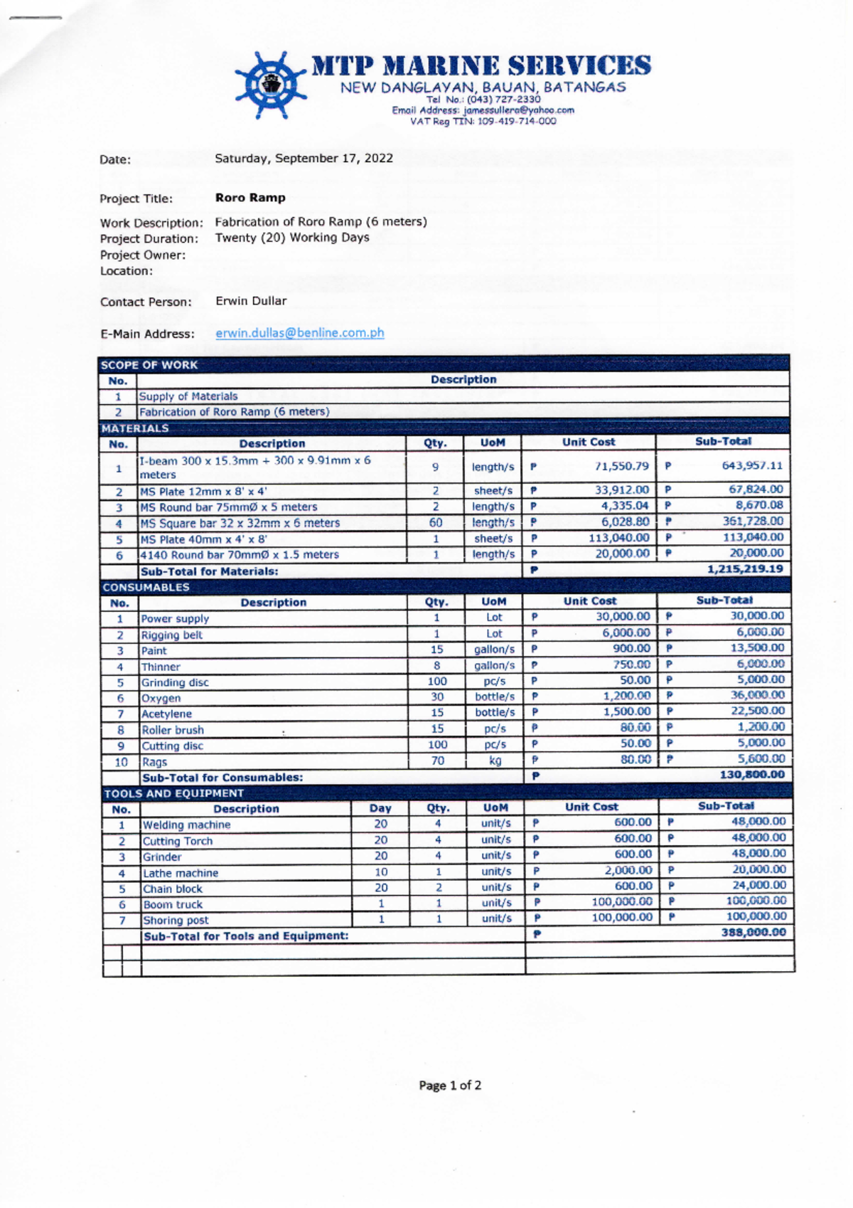 Quotation for Roro Ramp (6 meters) - I:E¥- Date: M'II. MAltlNII SI ...