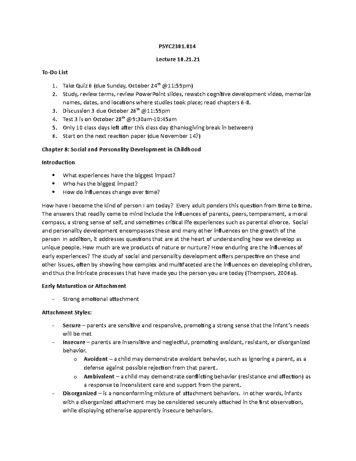 PSYC2301 Lecture 10.21.21 - PSY 133 - SFA - Studocu