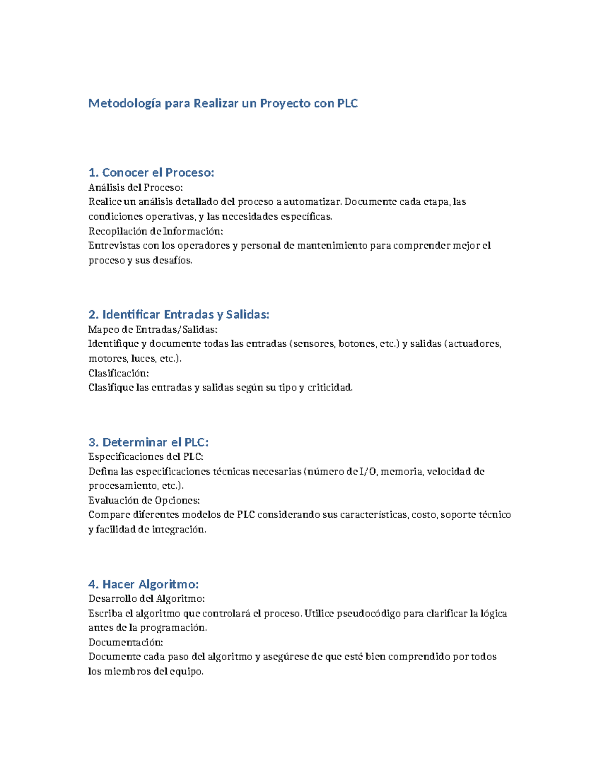 Metodologia Proyecto PLC - Metodología para Realizar un Proyecto con PLC 1. Conocer el Proceso ...