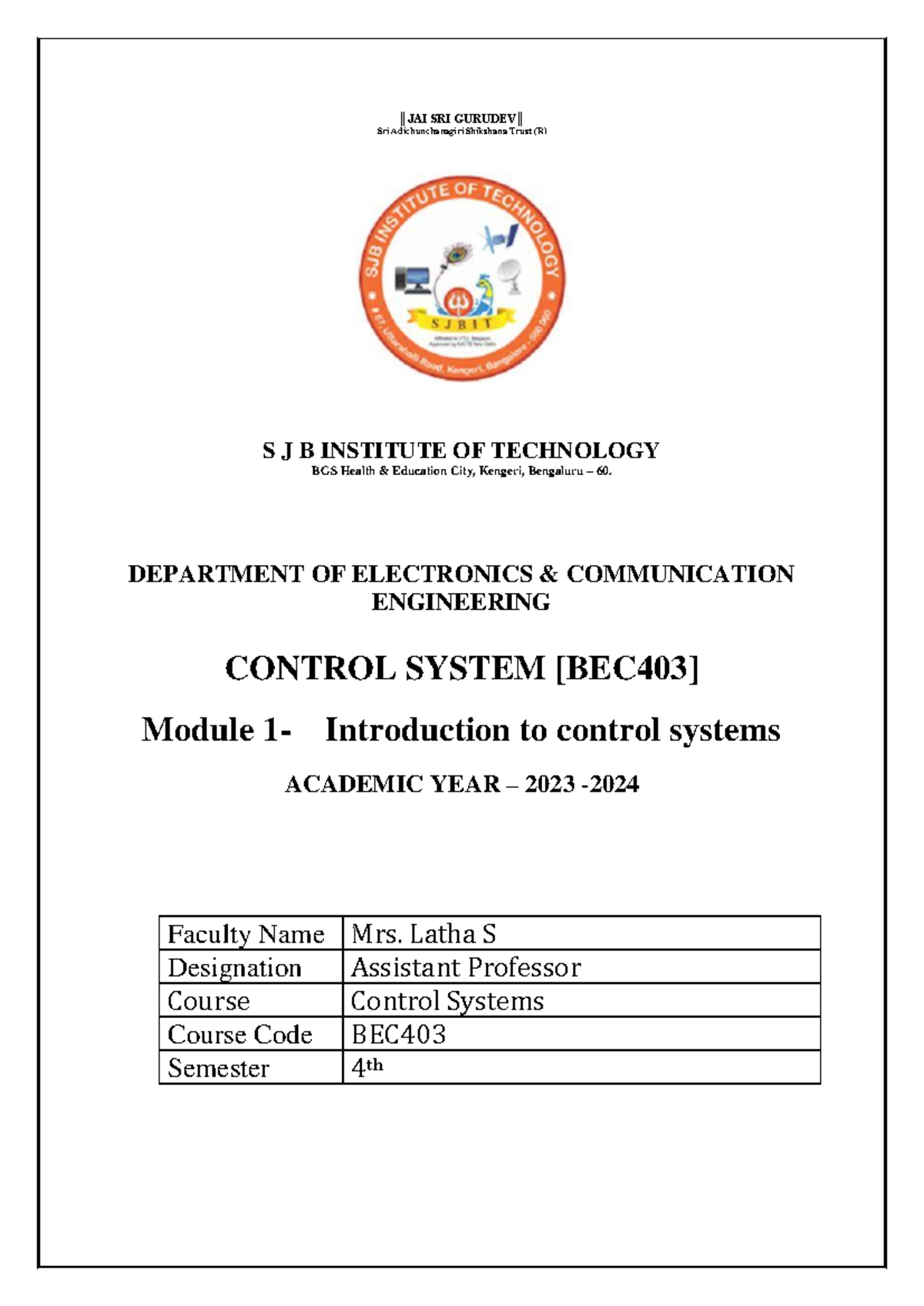 Module 1-BEC403 , controls susystems module 1 ,notes - ║JAI SRI GURUDEV ...