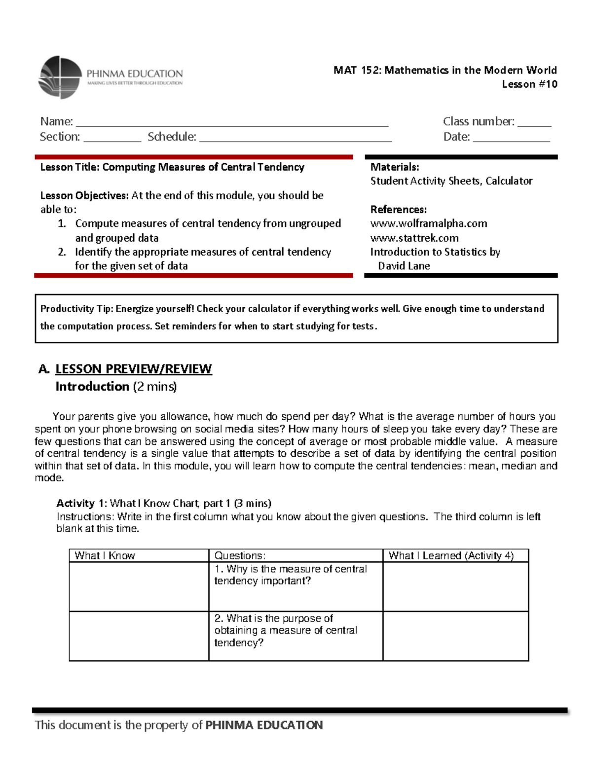 SAS 10 MAT 152 FLM - Lesson Name
