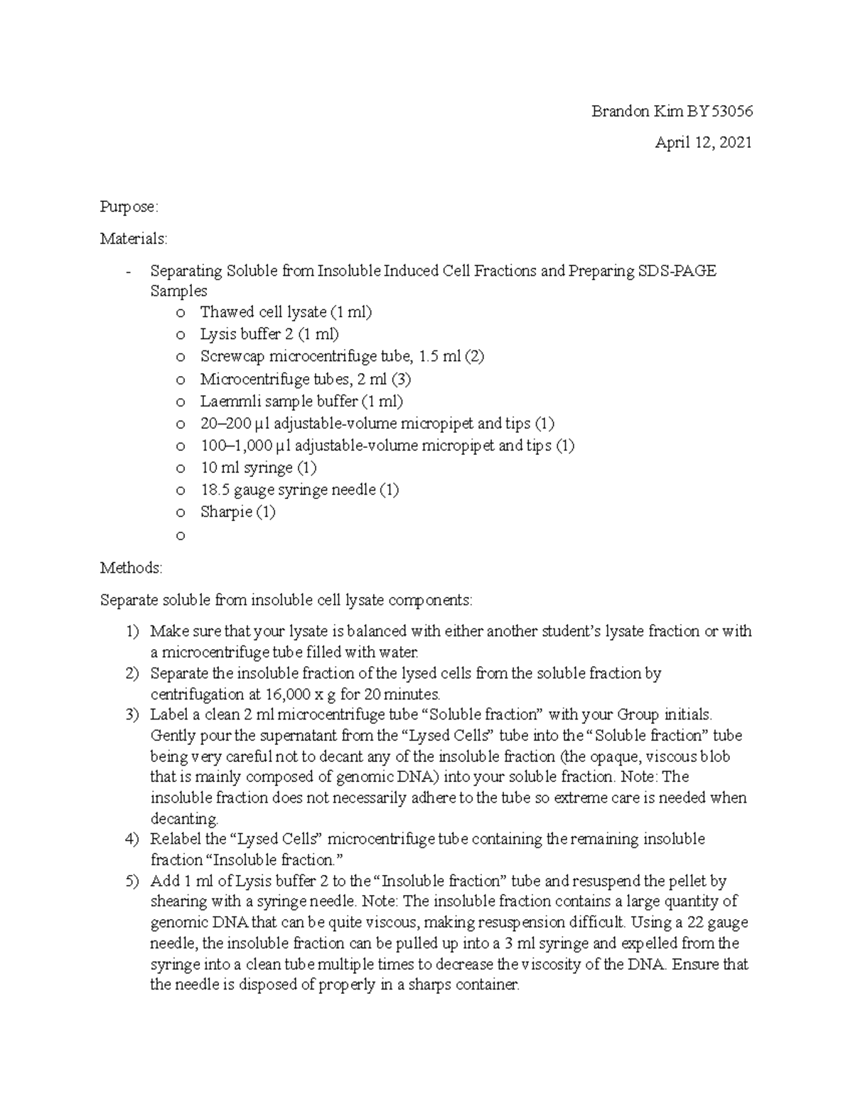 Protein purification lab column purification, enzyme assay - Brandon ...