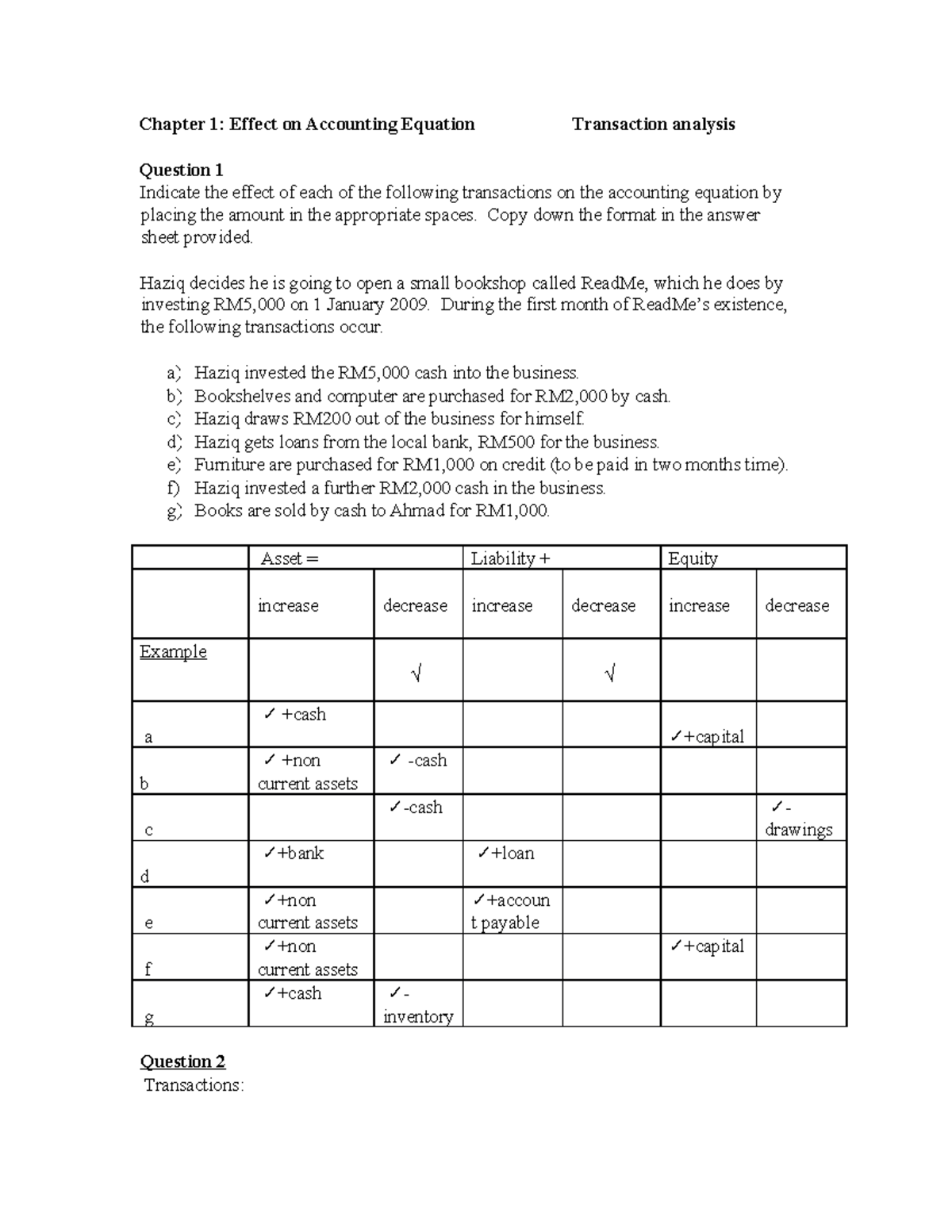 ACC Exercise Topic 1b - Chapter 1: Effect on Accounting Equation ...