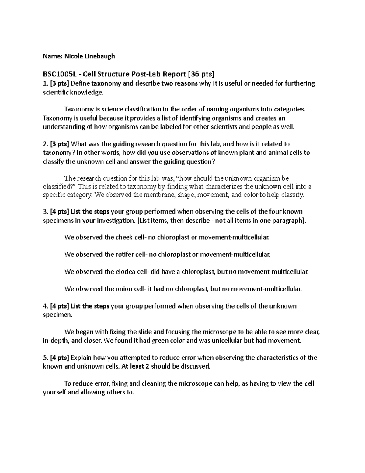 Cell Structure Post-Lab Report - Taxonomy is science classification in the order of naming ...