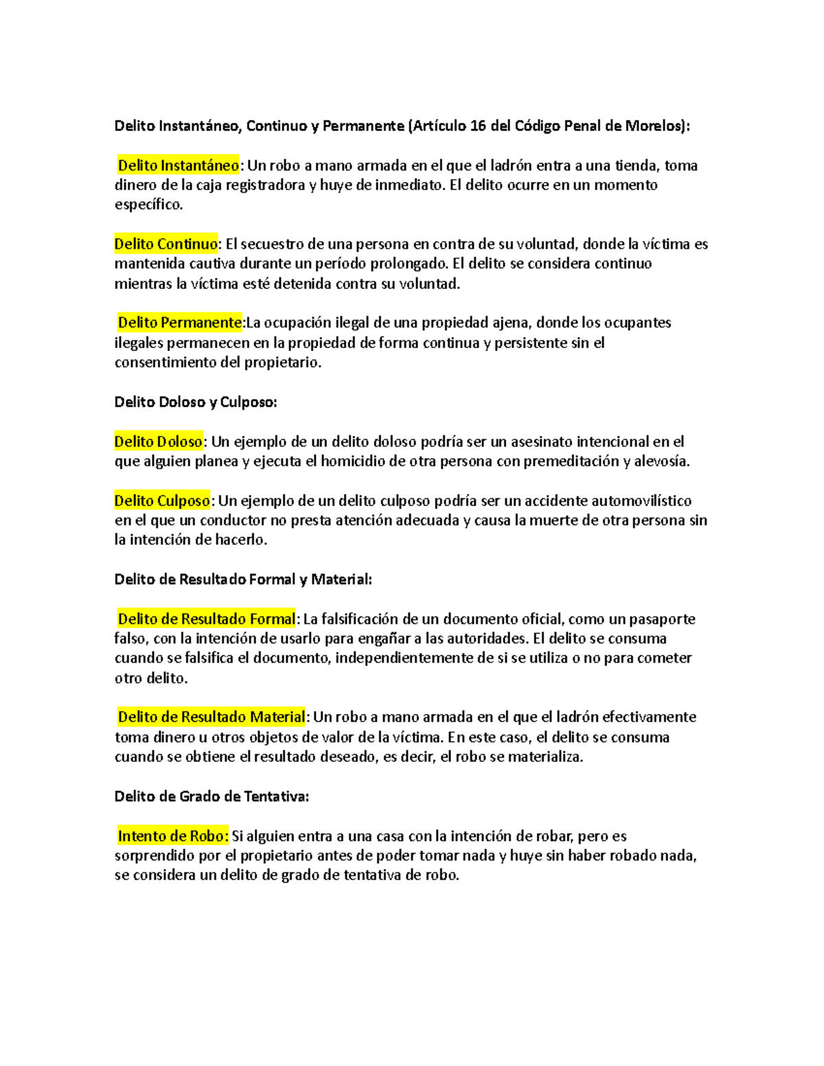 Ejemplos de delitos - apunte de clase - Delito Instantáneo, Continuo y ...