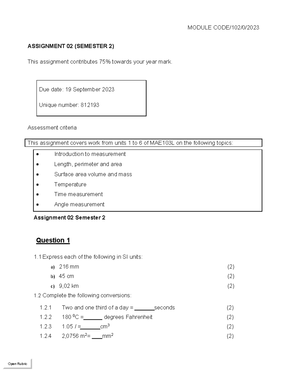 MAE 103L TL102 Semester 2 -edited JULY 2023 - MODULE CODE/102/0 ...