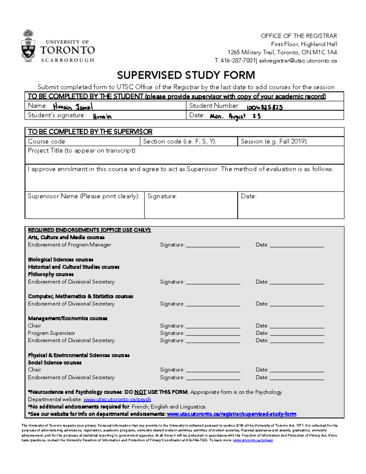 Supervised Study Form-0 - SUPERVISED STUDY FORM Submit completed form ...