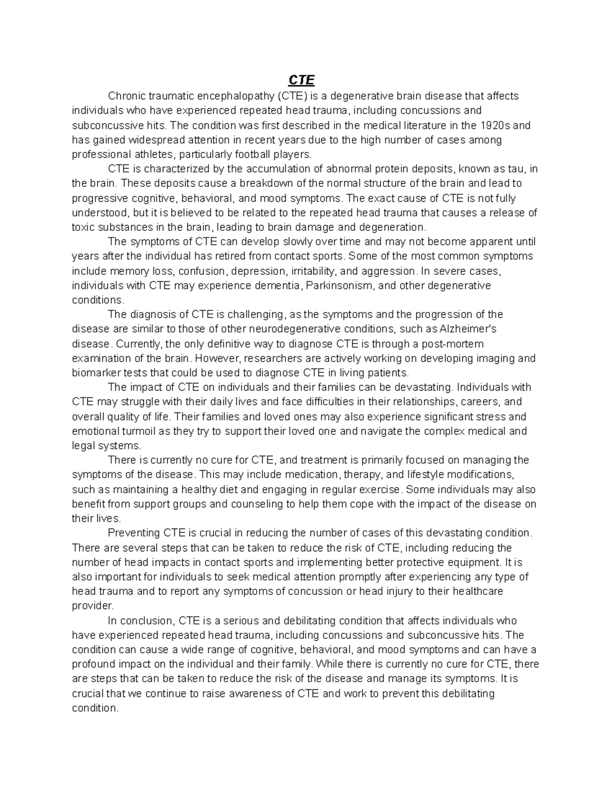 CTE - CTE - CTE Chronic traumatic encephalopathy (CTE) is a ...