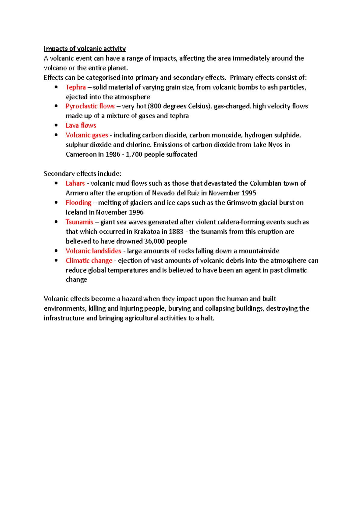 Impacts of volcanoes - Lecture notes - Impacts of volcanic activity A ...