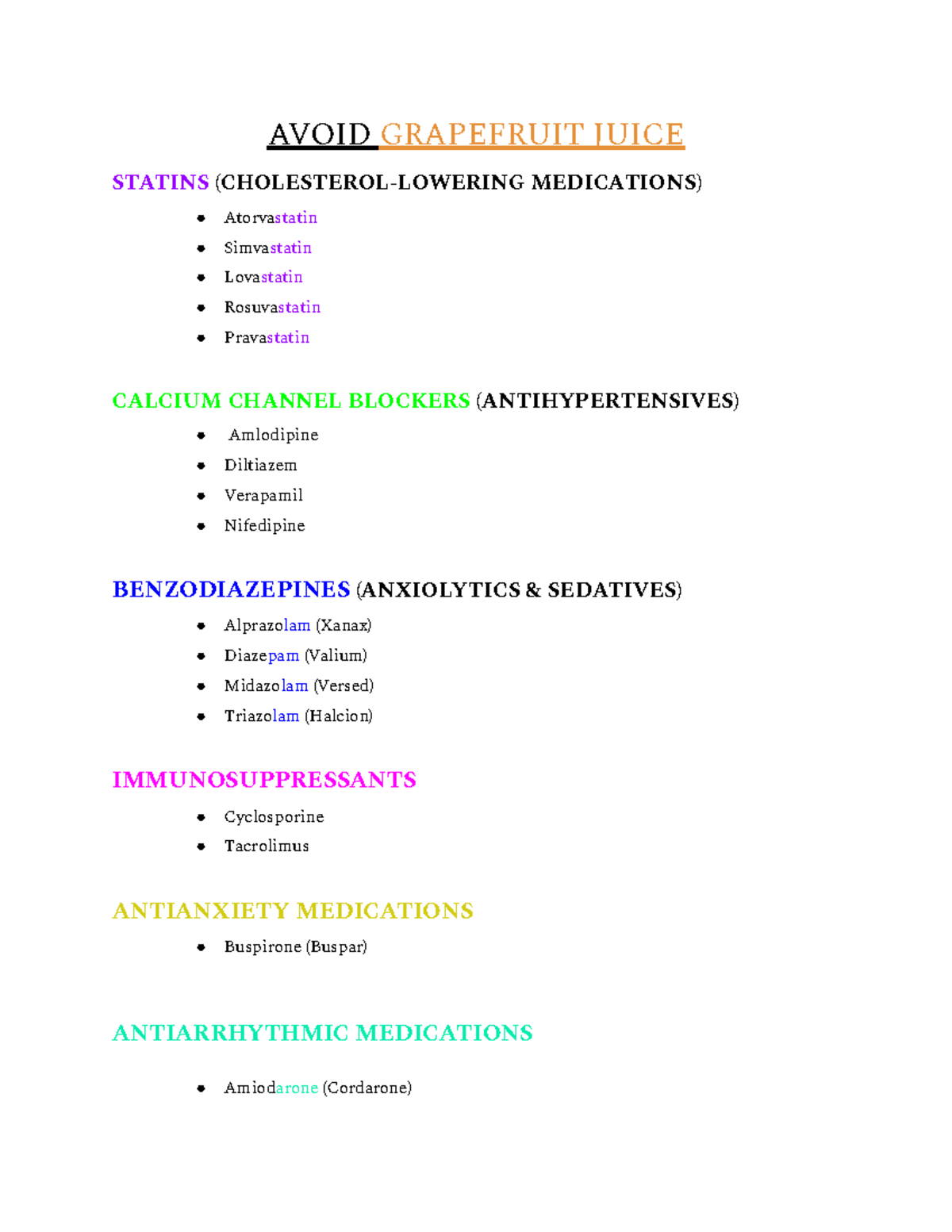 ATI Pharm Proctored Exam Study Guide - AVOID GRAPEFRUIT JUICE STATINS ...