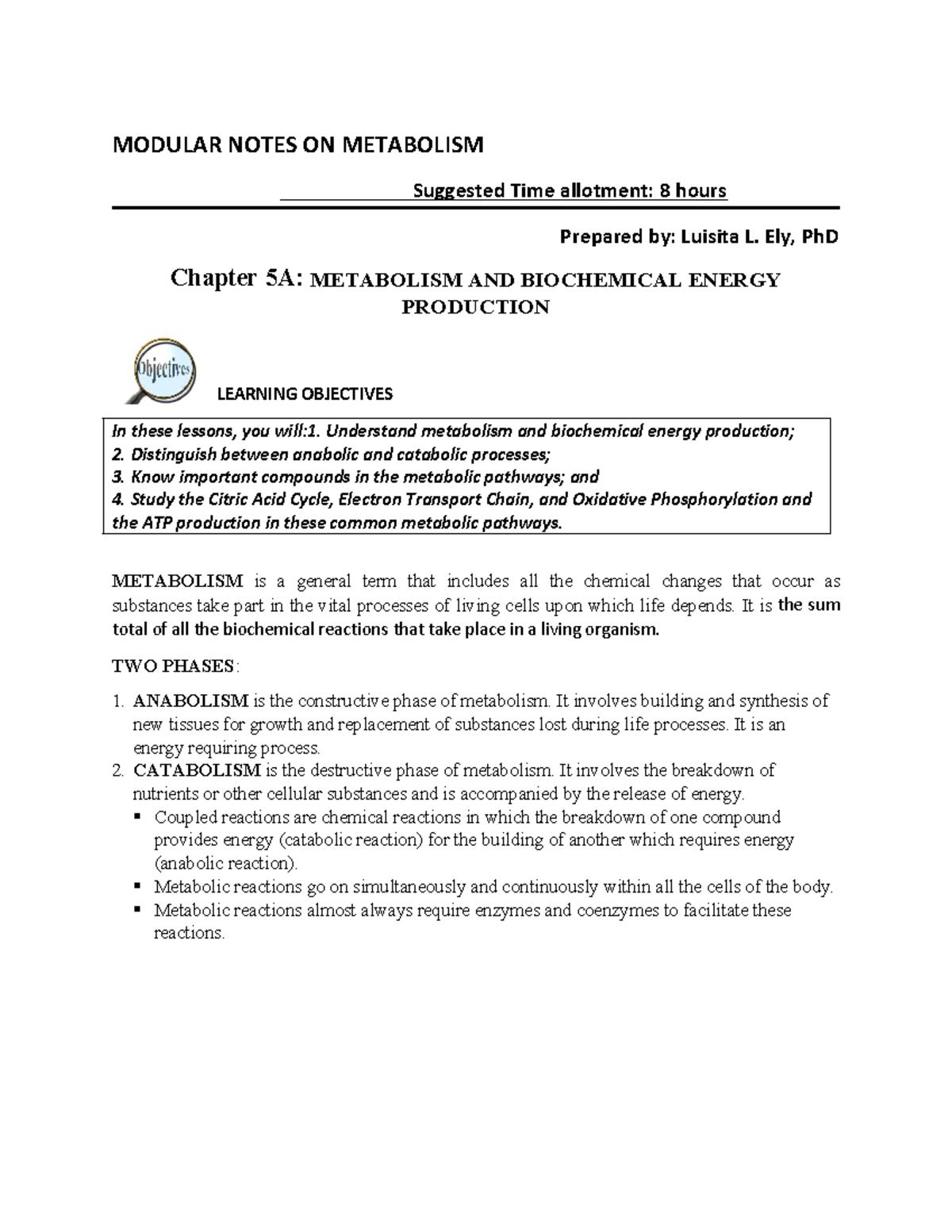 Metabolism A - Biochem notes - MODULAR NOTES ON METABOLISM Suggested ...