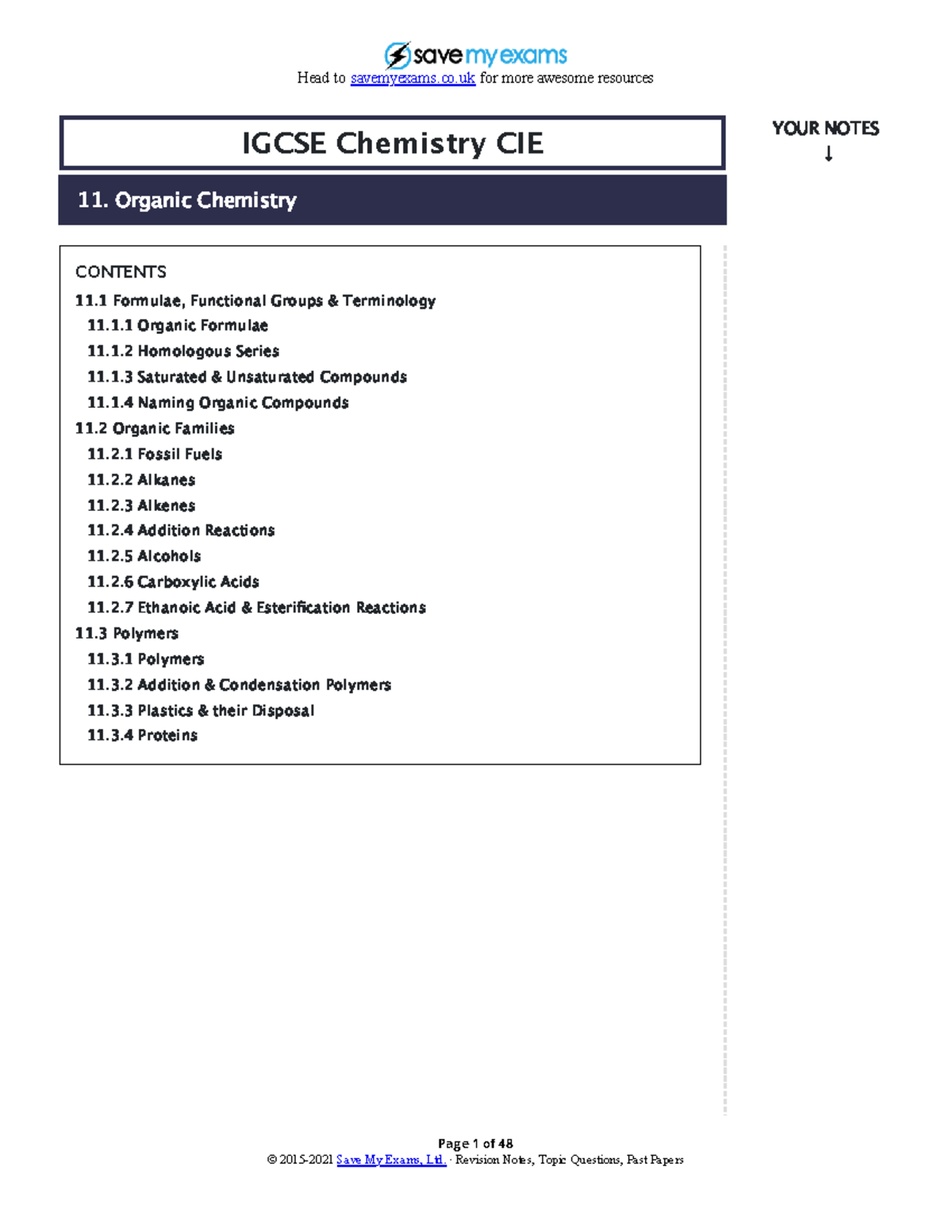 11 - sme notes - Page 1 of 48 IGCSE Chemistry CIE 11. Organic Chemistry ...