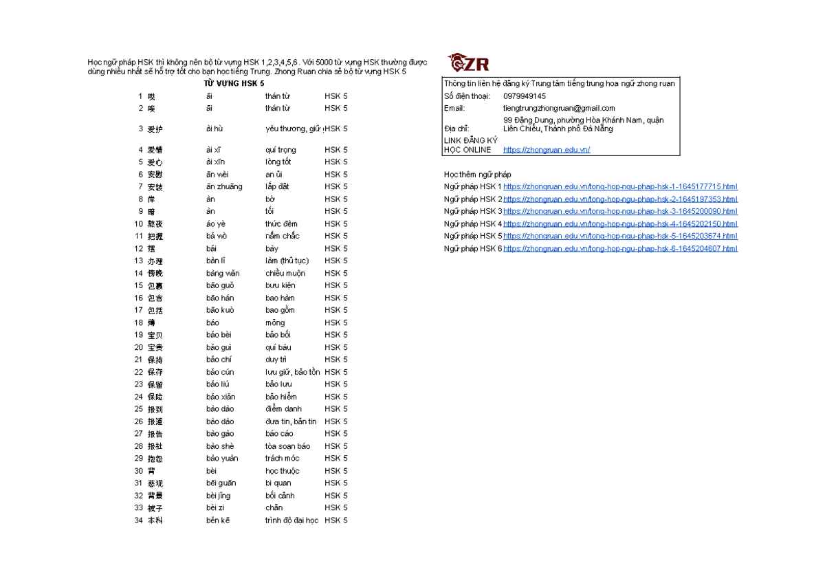Từ vựng HSK 5 - HSK 5 - Học ngữ pháp HSK thì không nên bộ từ vựng HSK 1,2,3,4,5,6. Với 5000 từ ...
