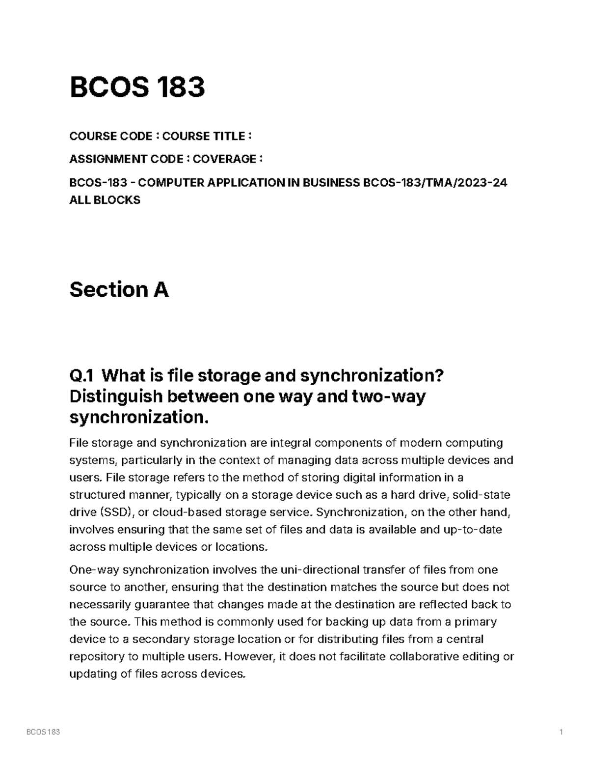 BCOS 183 Solved Assignment - BCOS 183 COURSE CODE COURSE TITLE ...