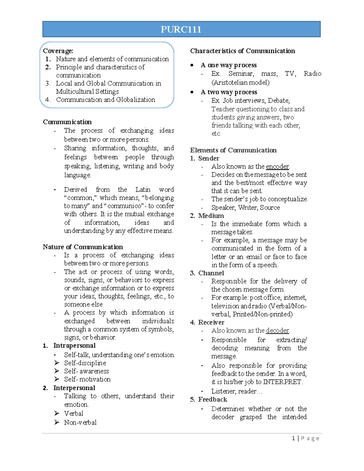 Purposive communication - Coverage: 1. Nature and elements of ...