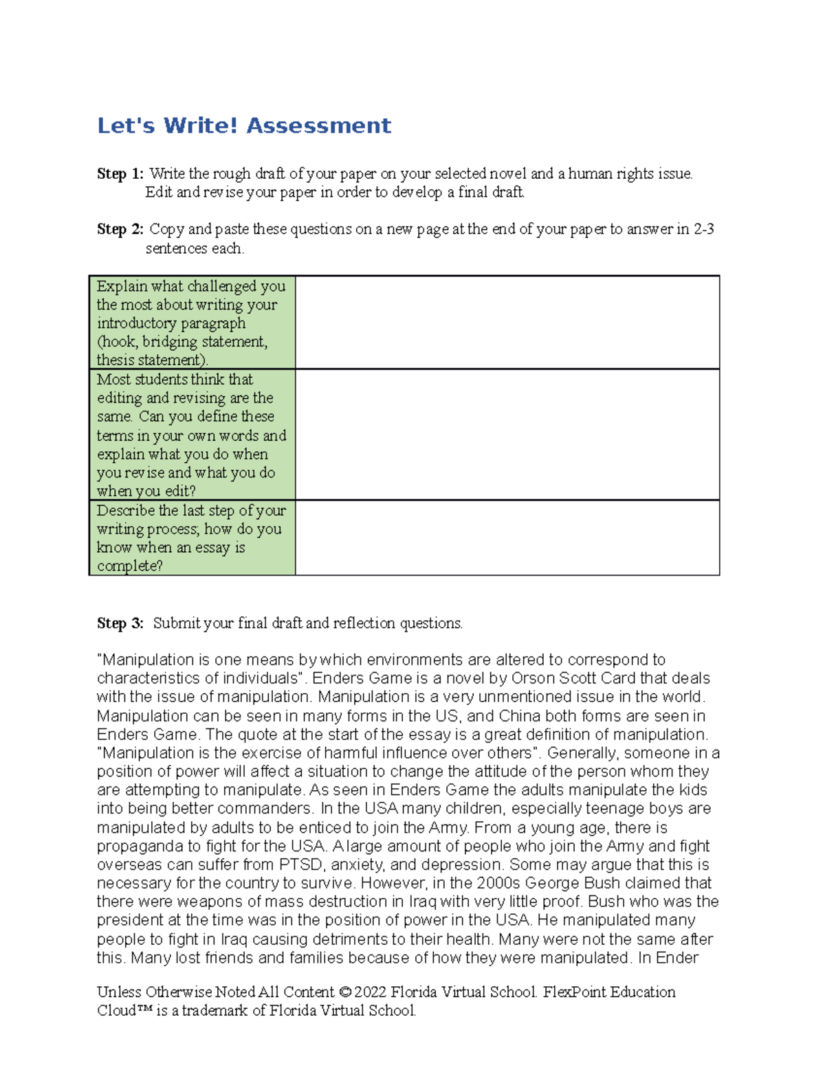 Write assess rubric - good - Let's Write! Assessment Step 1: Write the ...